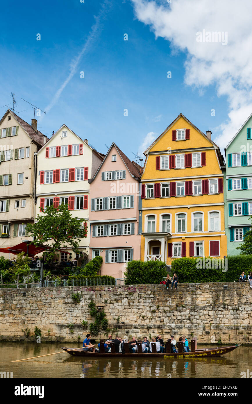 Tubingen, Germany - May 17,2015: A traditional punt is passing the ...