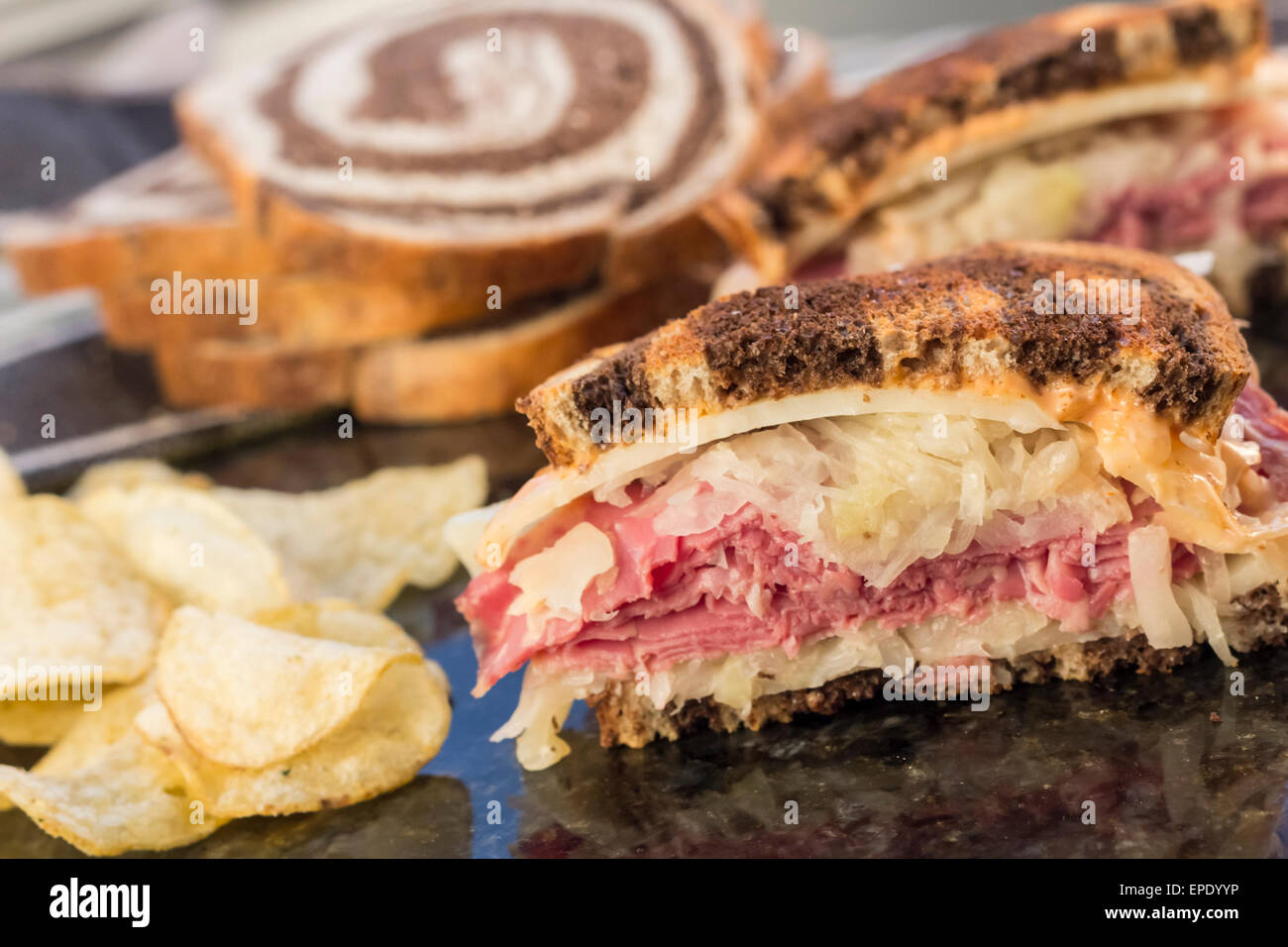 Classic reuben sandwich on pumpernickel swirl rye bread. A hearty meal ...