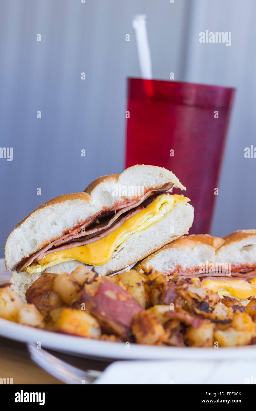 Taylor ham, pork roll, egg and cheese breakfast sandwich on a kaiser ...