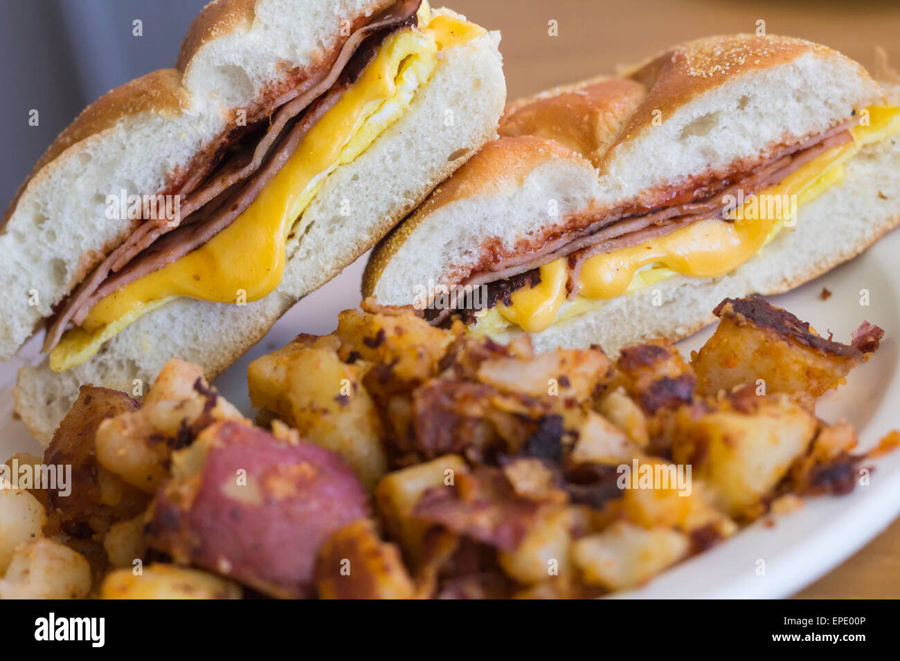 Taylor ham, pork roll, egg and cheese breakfast sandwich on a kaiser ...