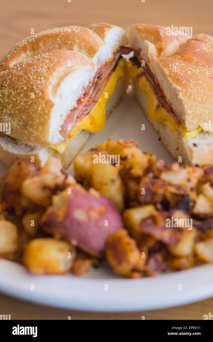 Taylor ham, pork roll, egg and cheese breakfast sandwich on a kaiser ...
