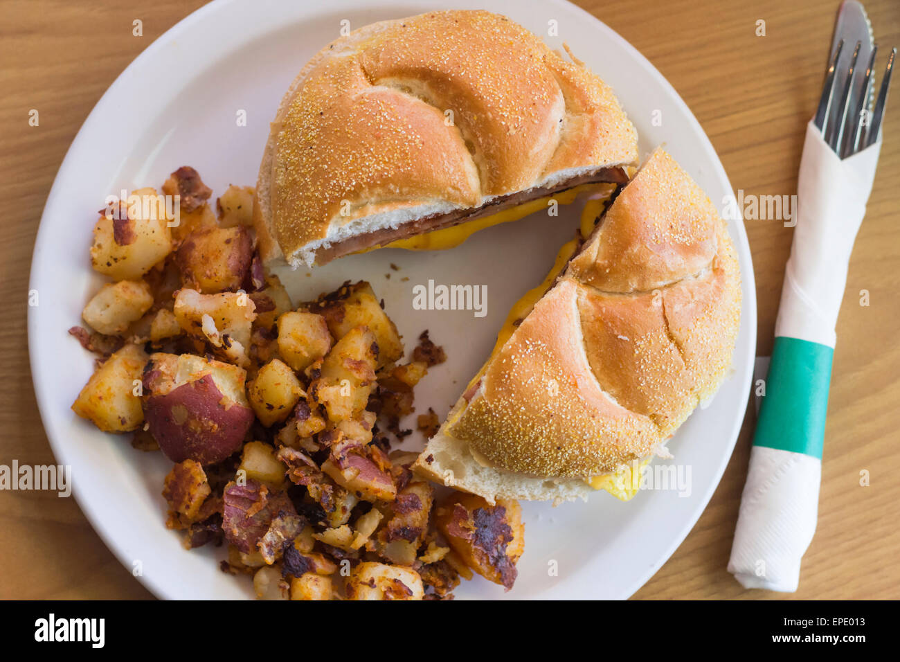 Taylor ham, pork roll, egg and cheese breakfast sandwich on a kaiser ...