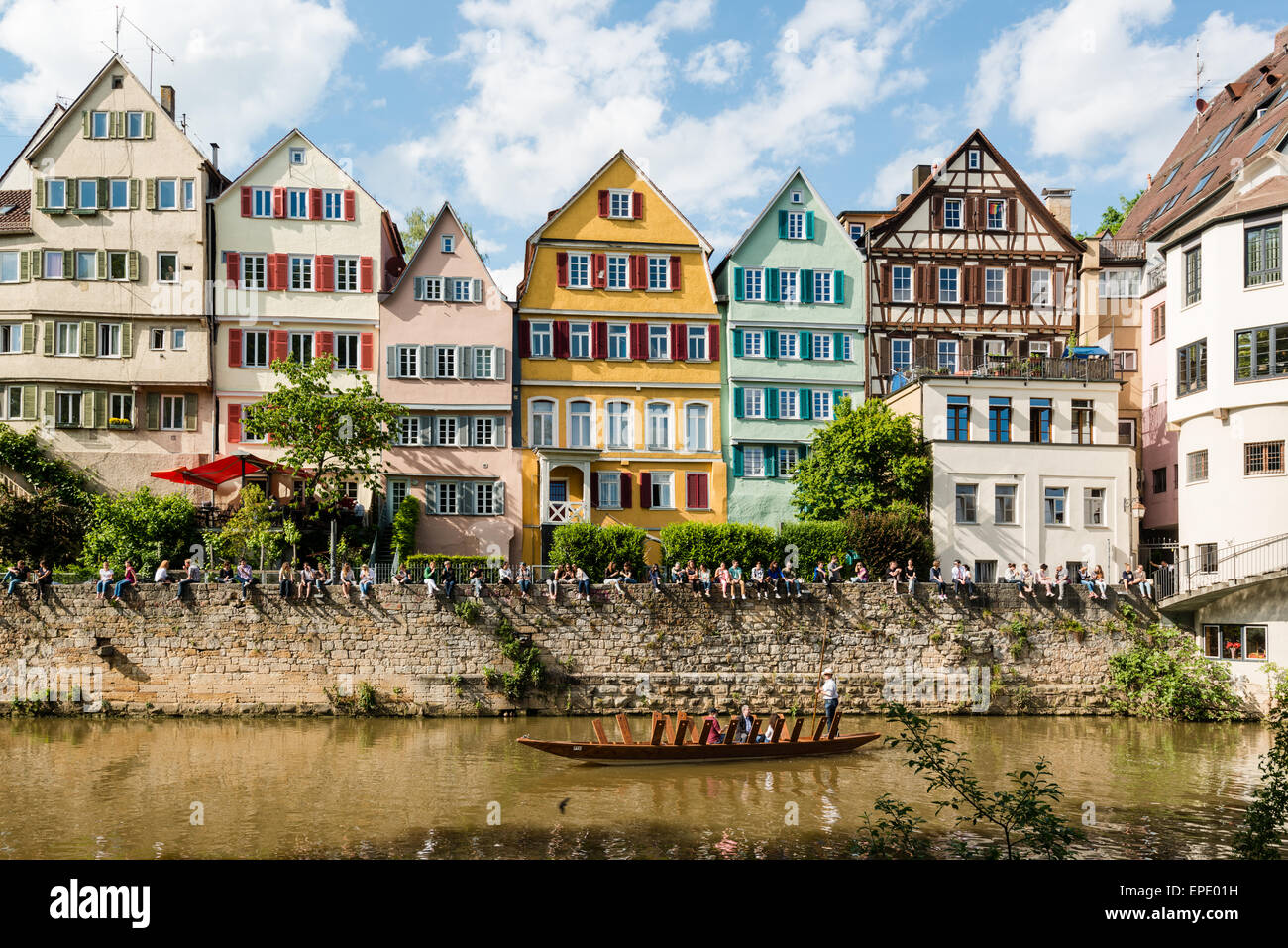 Tubingen, Germany - May 17,2015: A traditional punt is passing the ...