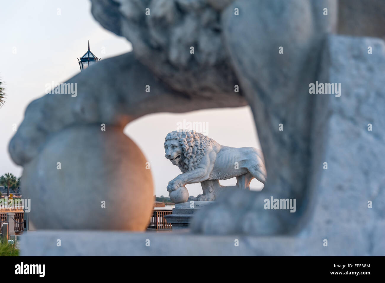 St. Augustine, Florida's iconic landmark sculptures of Carrara marble Medici lions at the foot ...