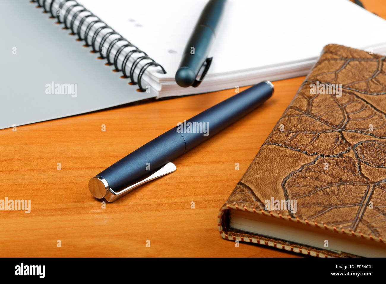 The opened writing-book in a leather cover and pen Stock Photo - Alamy