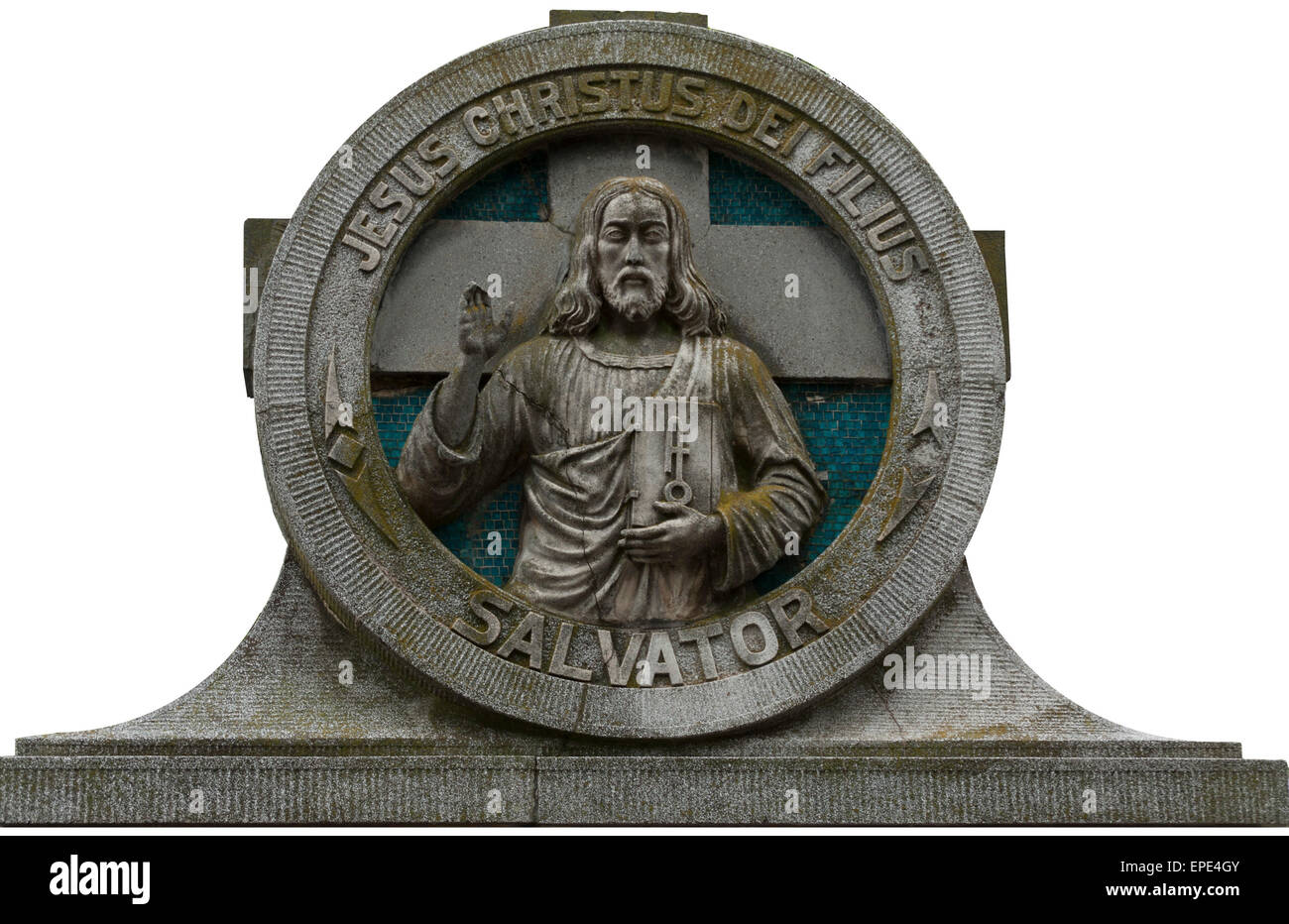 Old tombstone with figure and the inscription Jesus Christus Dei Filius ...