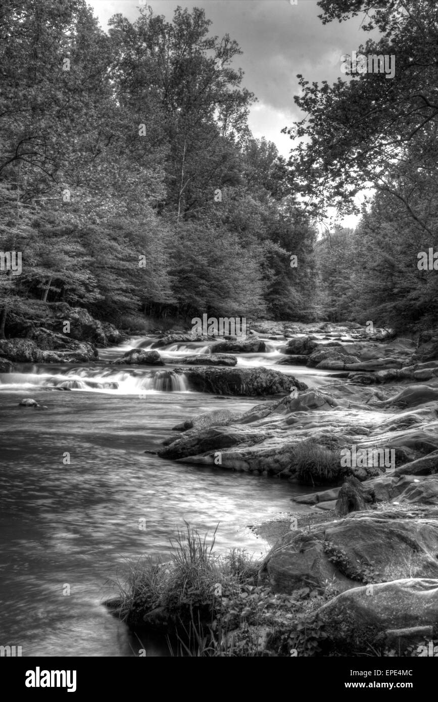A monochrome photo of a beautiful and wild stream Stock Photo - Alamy