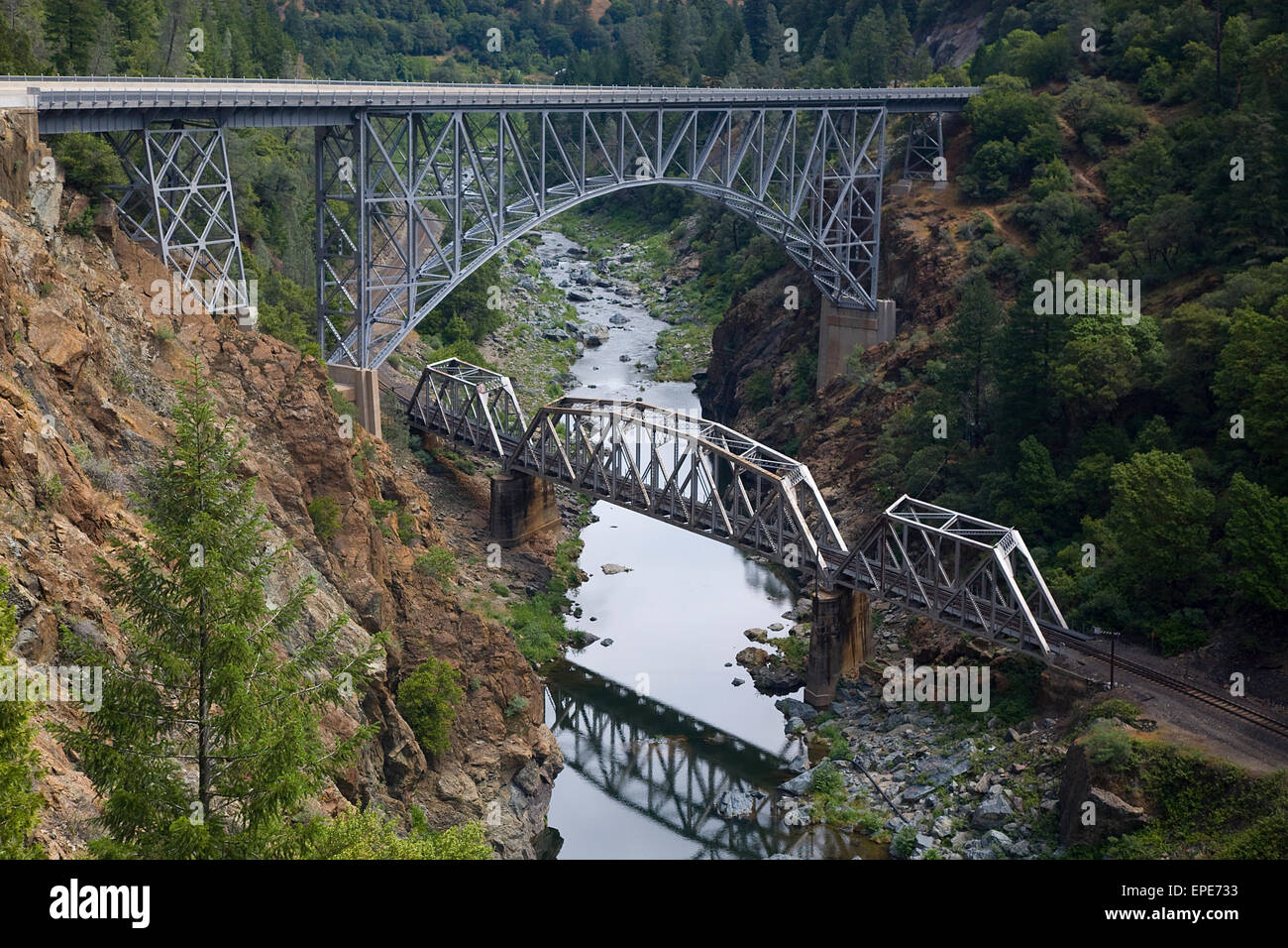 Feather River Canyon Road and Railway Bridges Stock Photo - Alamy