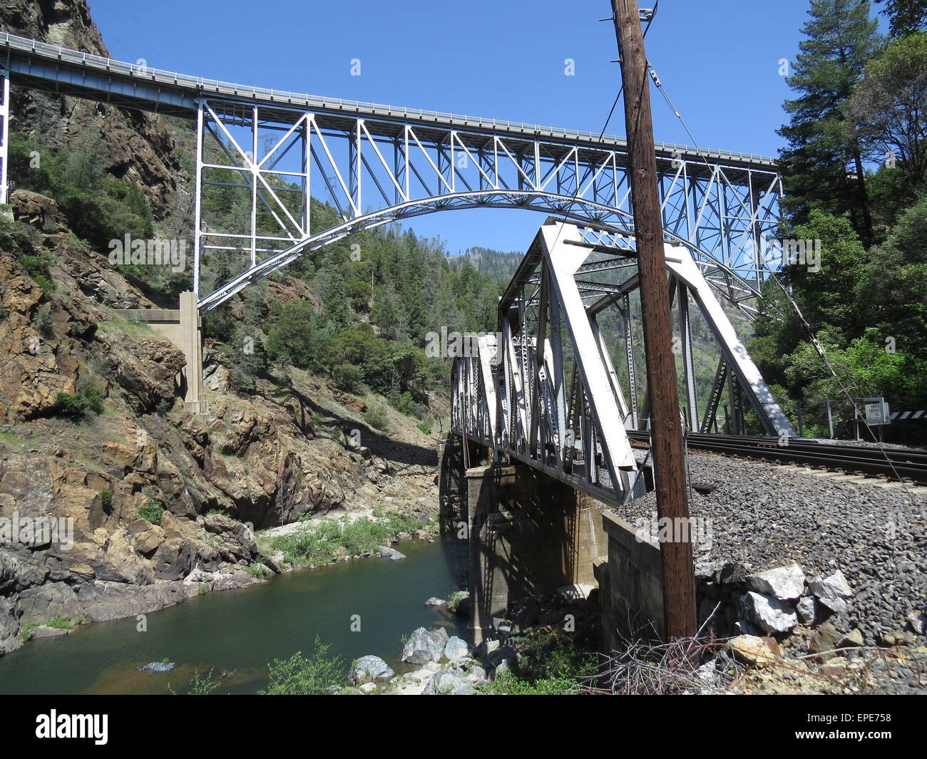 Feather River Canyon Road and Railway Bridges Stock Photo - Alamy