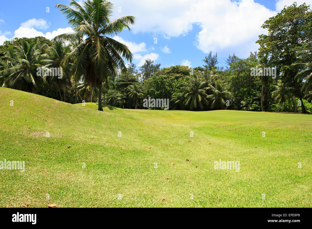 Beautiful golf course at the Constance Lemuria Resort. Praslin Island ...