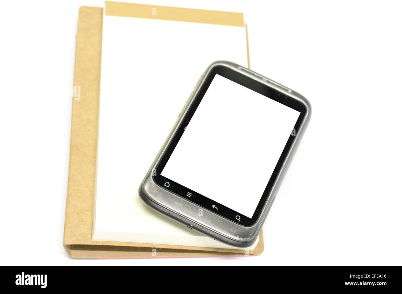 used smartphone with note book on a white background Stock Photo - Alamy