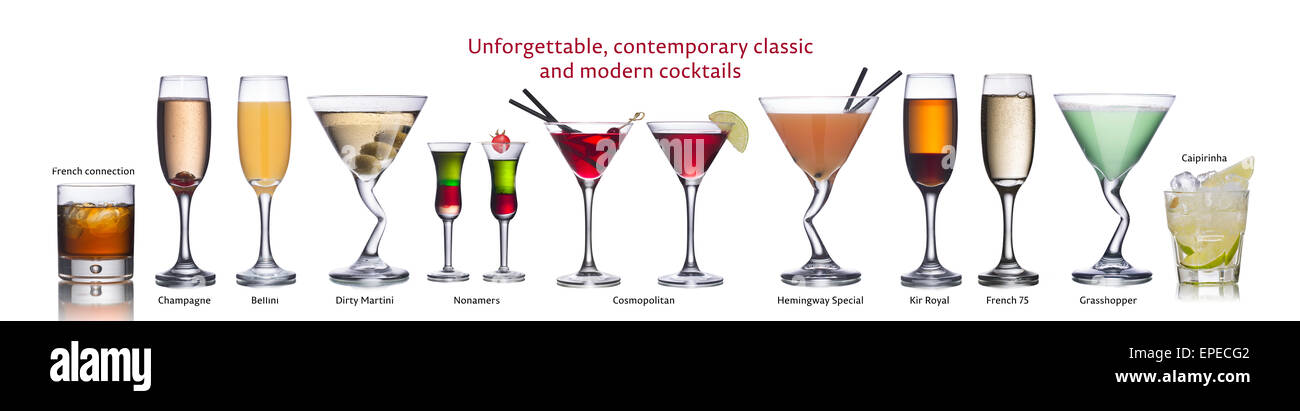 Collection of most popular classical alcoholic cocktails isolated on ...
