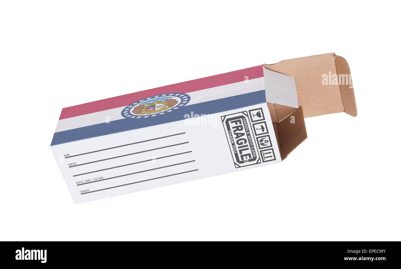 Concept of export, opened paper box - Product of Missouri Stock Photo ...