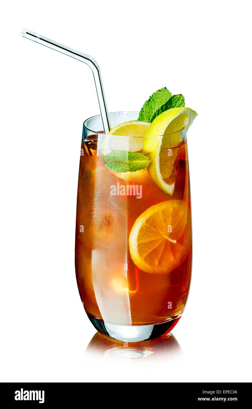 Ice tea in the glass with straw decorated with lime slice and mint ...