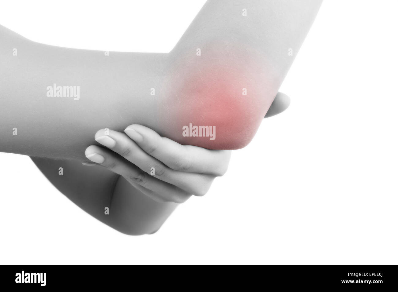 Close up on highlighted pain area, elbow pain. Female hand holding her ...
