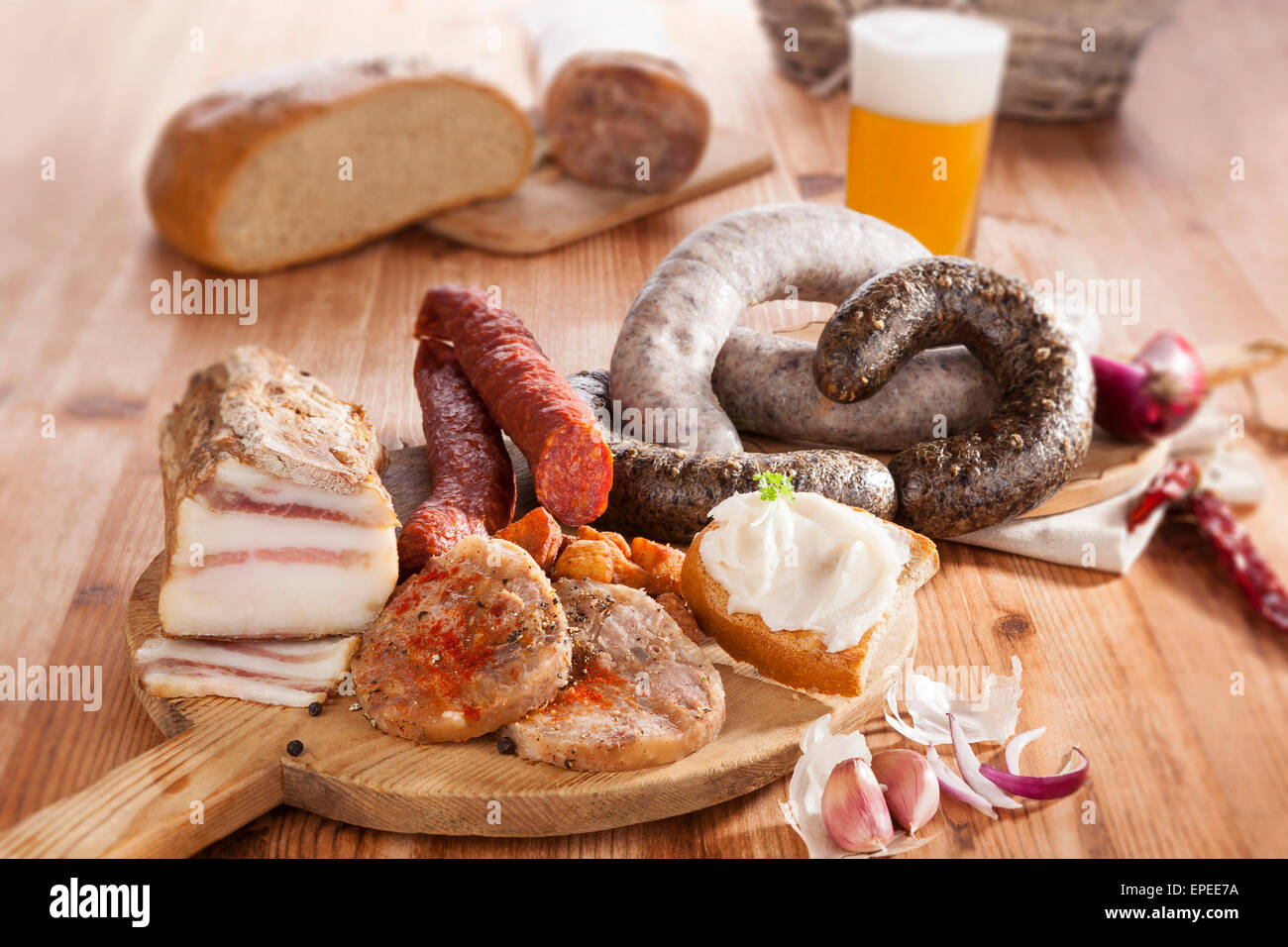 Blood sausage, rice sausage, head cheese, garlic, onion beer and bread ...