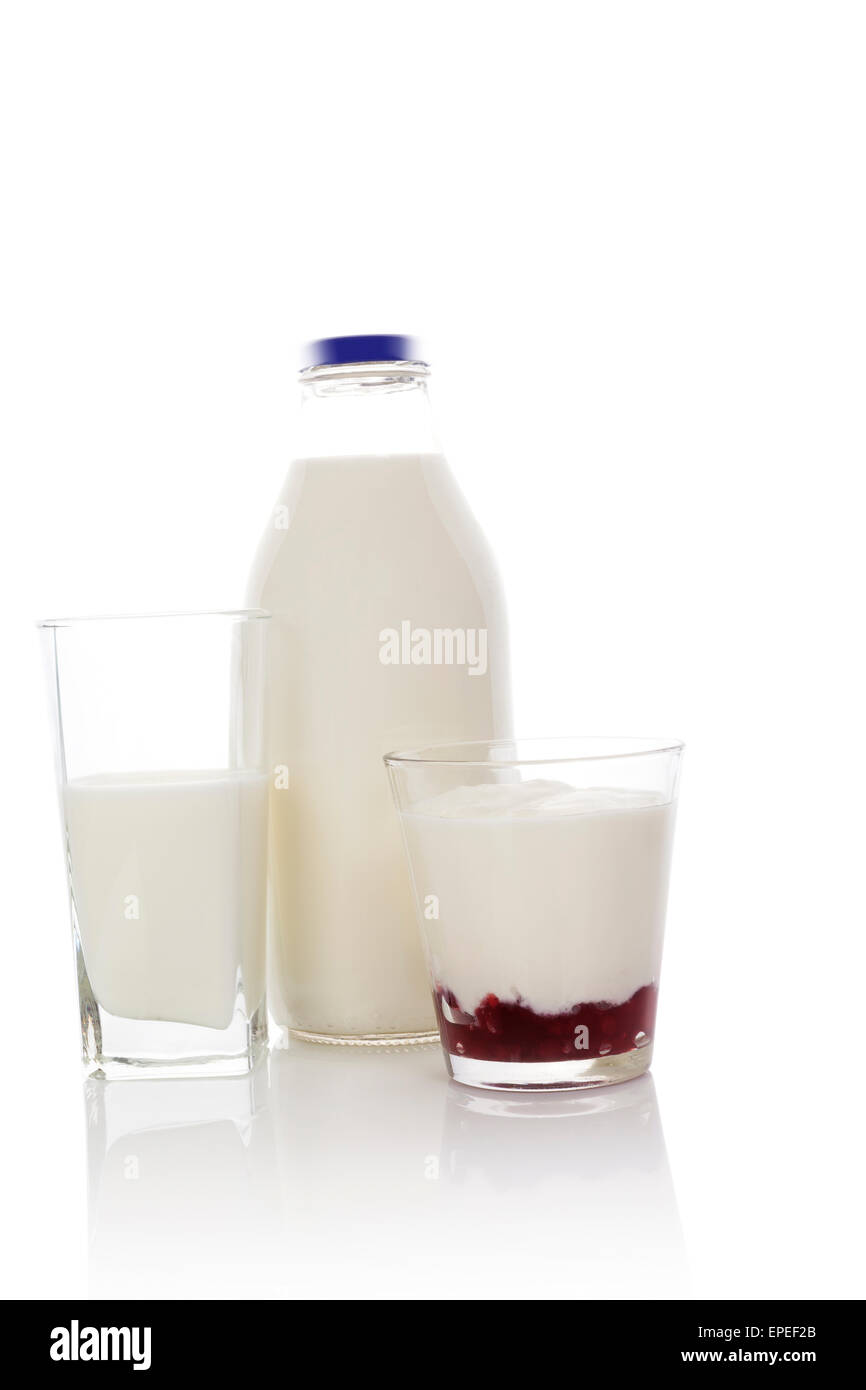 Dairy products isolated on white background. Milk bottle, milk in glass ...