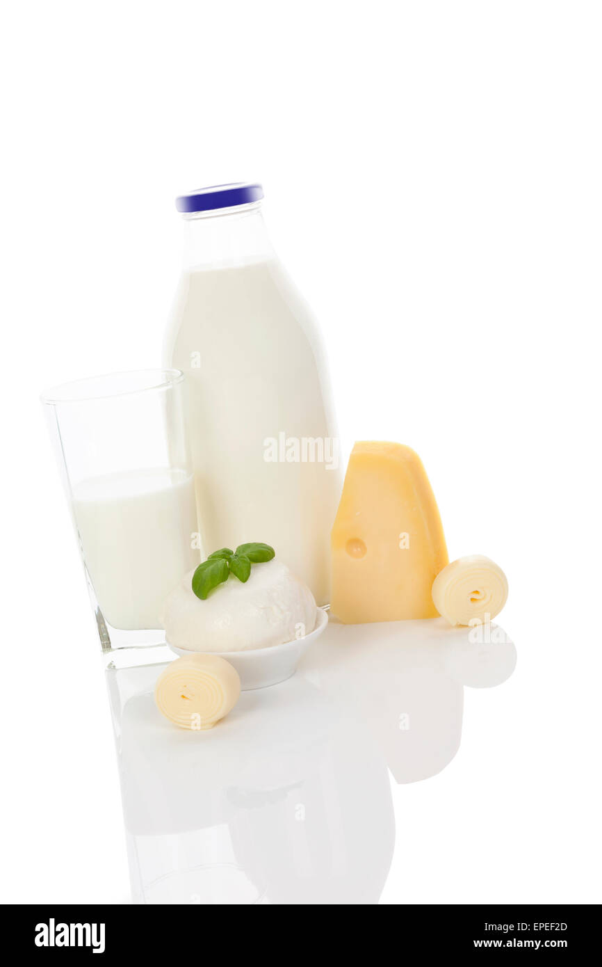 Milk, cheese and curd isolated on white background. Culinary dairy ...