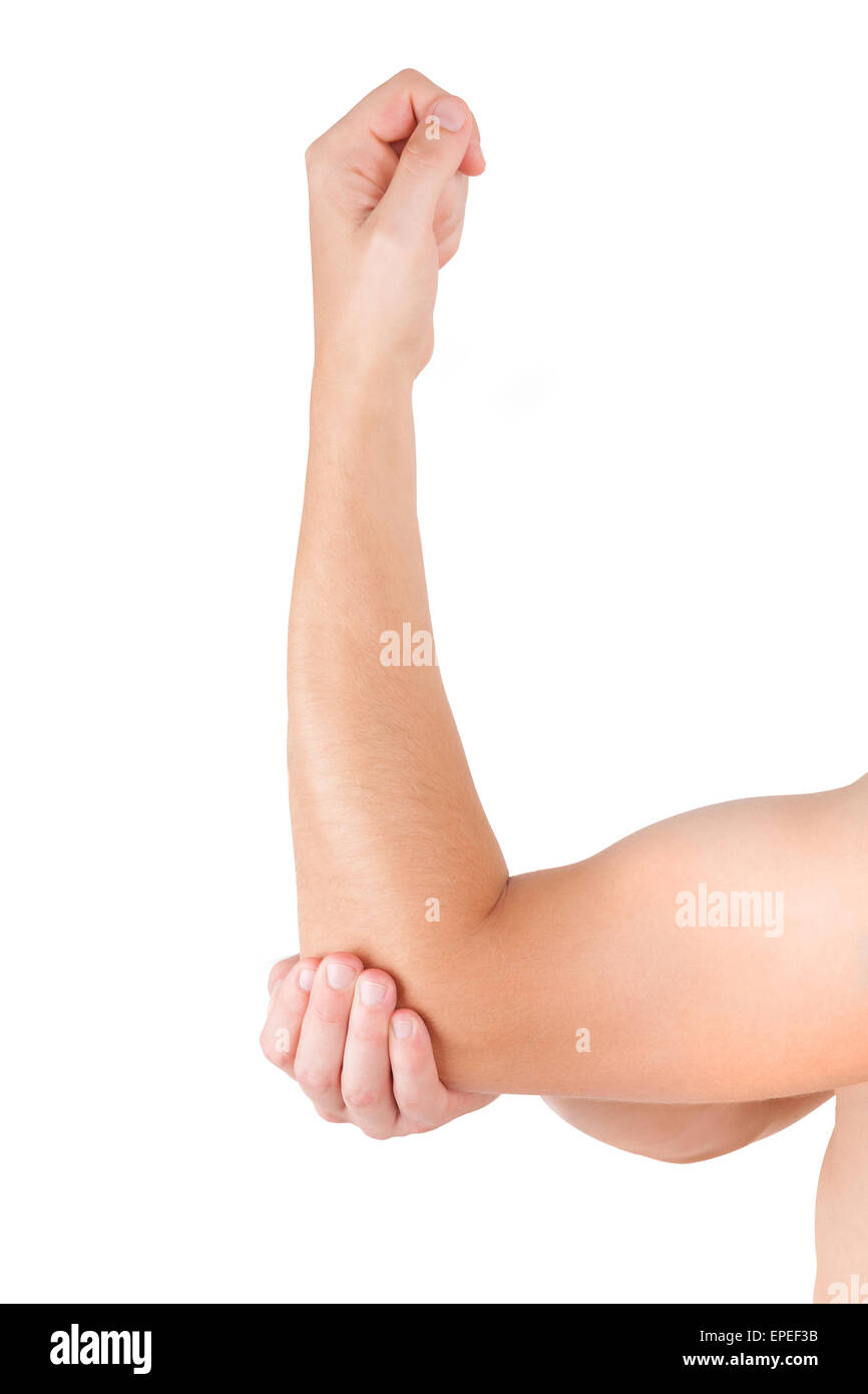 Close up of male hand holding his elbow isolated on white background ...