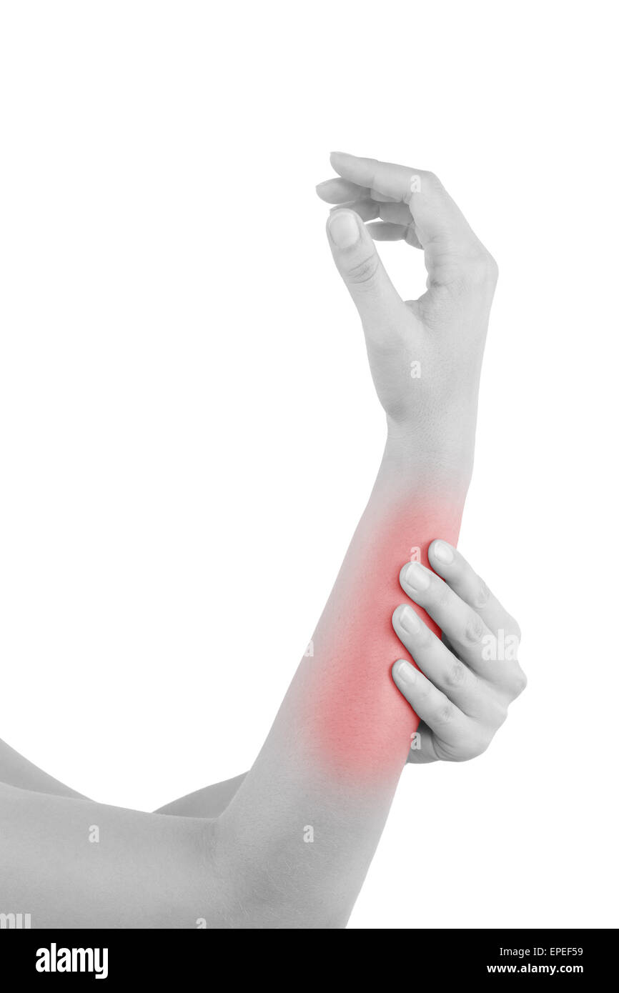 Forearm muscle strain. Female hand touching forearm with highlighted ...