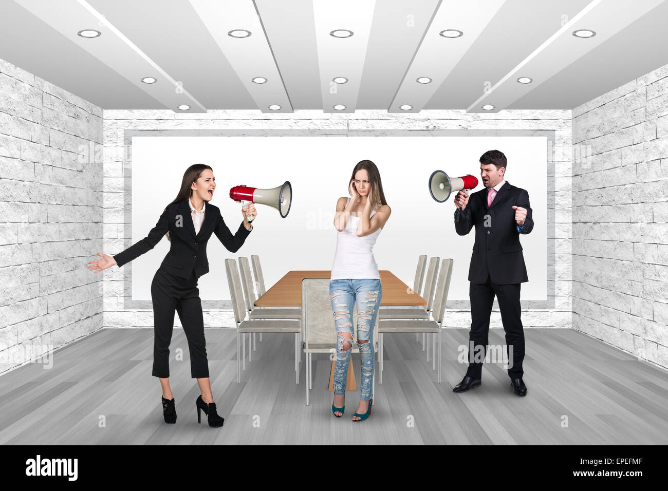 People shouting in megaphones Stock Photo - Alamy