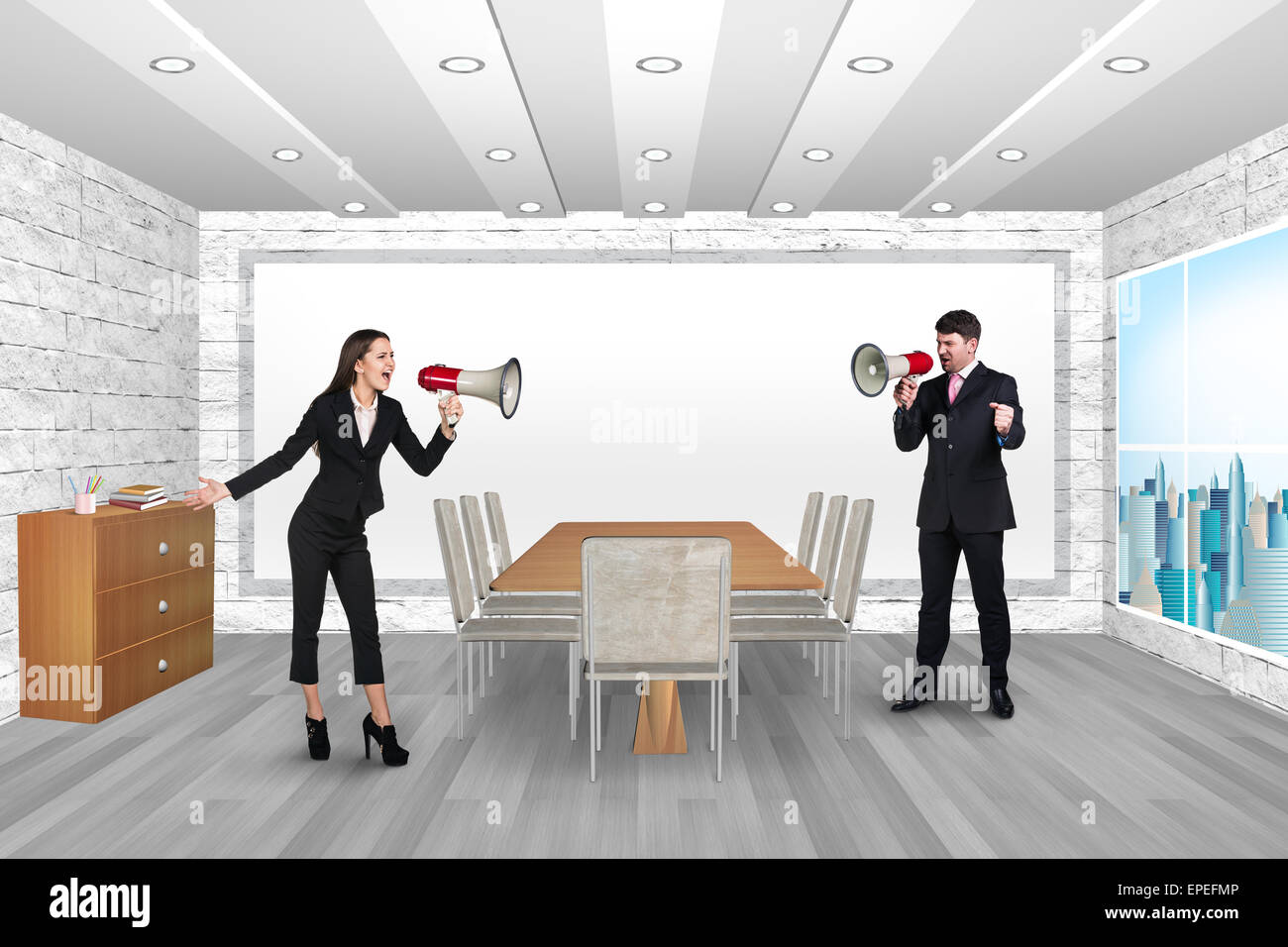 People shouting in megaphones Stock Photo - Alamy