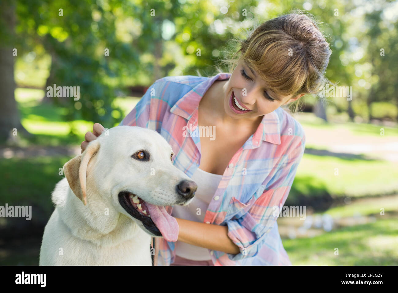 Pretty smiling blonde posing with her labrador in the park Stock Photo ...