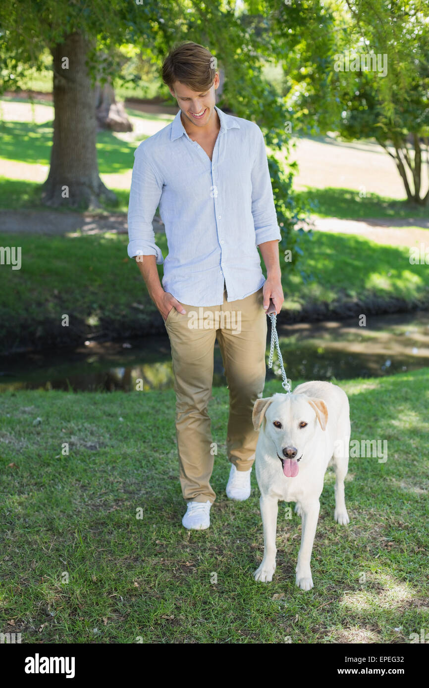 Handsome smiling man walking his labrador in the park Stock Photo - Alamy