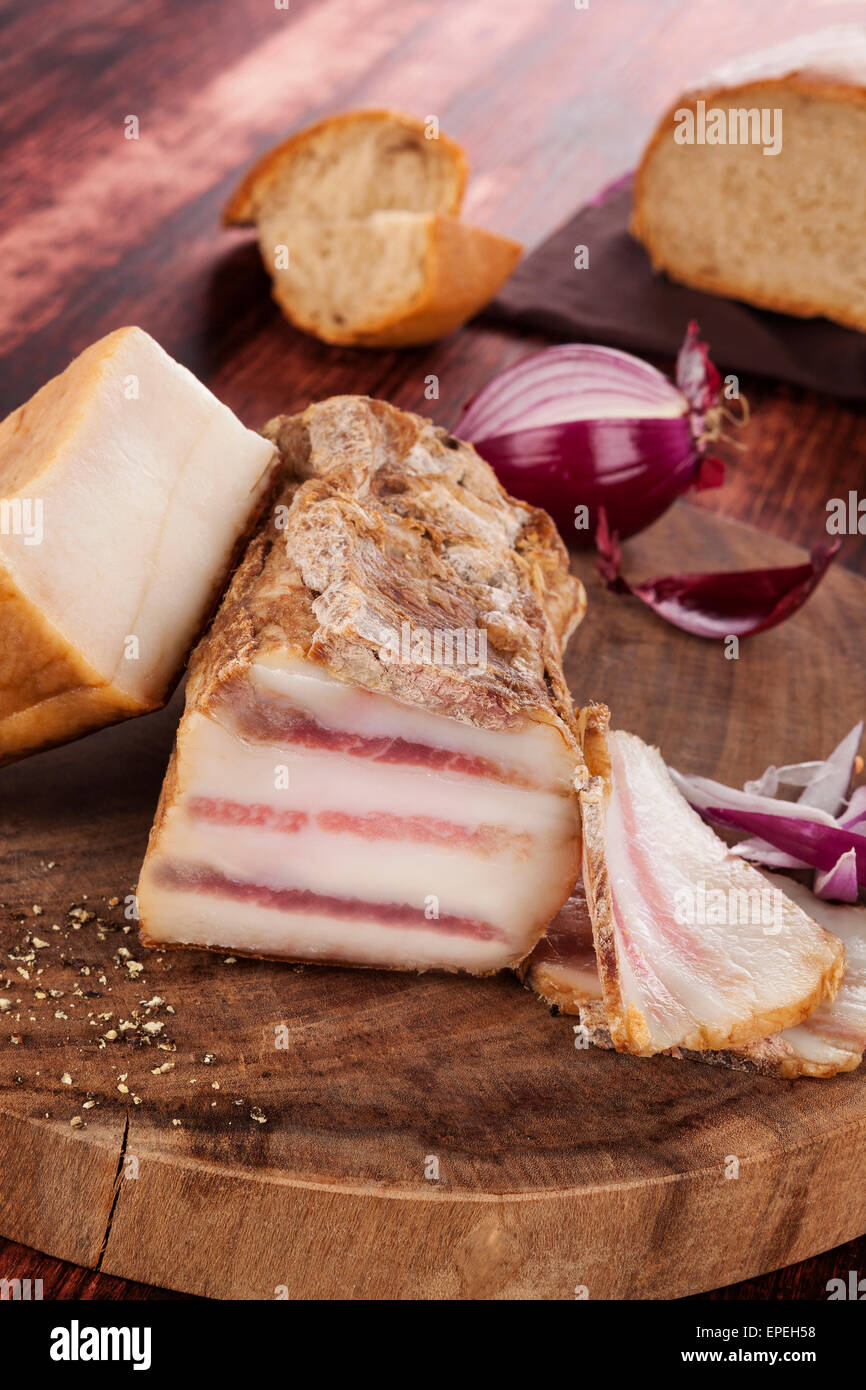 Luxurious bacon background. Traditional bacon eating. Big fat bacon ...