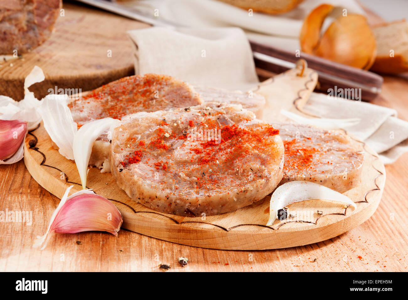 Head cheese cold cut vintage wooden background. Brawn with onion ...