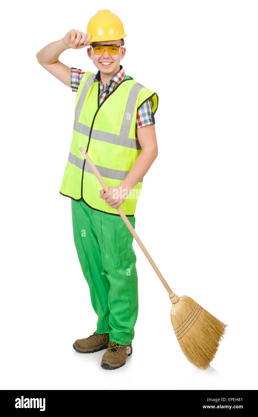 Funny janitor with broom isolated on white Stock Photo - Alamy
