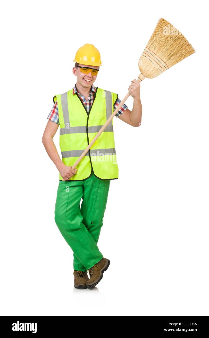 Funny janitor with broom isolated on white Stock Photo - Alamy