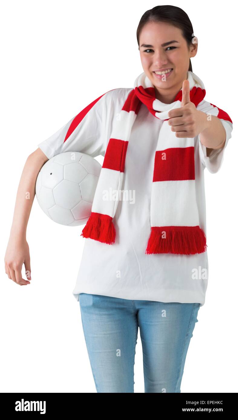 Football fan in white wearing scarf holding ball Stock Photo - Alamy