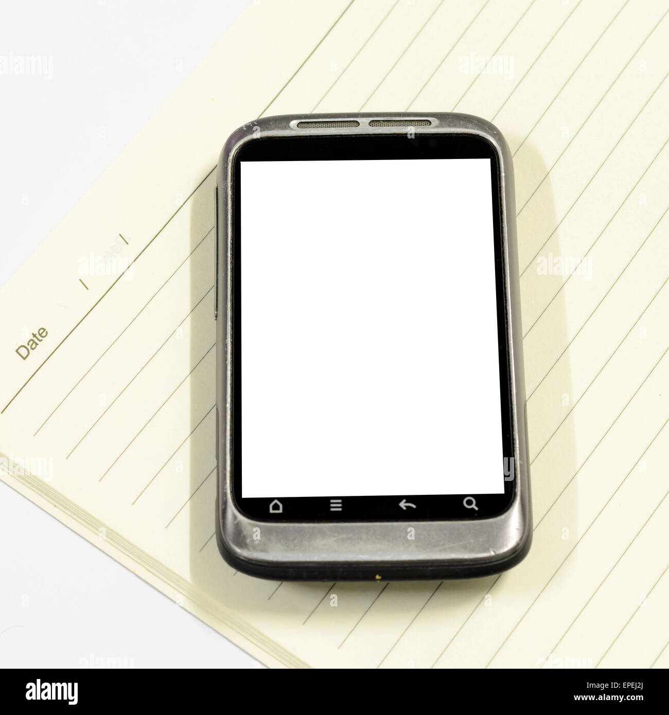 smartphone with note book on a white background Stock Photo - Alamy