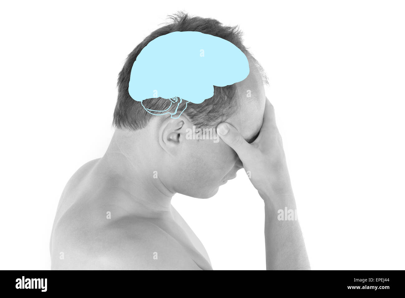 Handsome guy touching his head with brain illustration. Stress ...