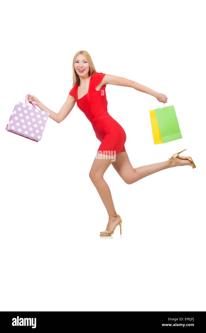 Woman running with shopping bags Stock Photo - Alamy