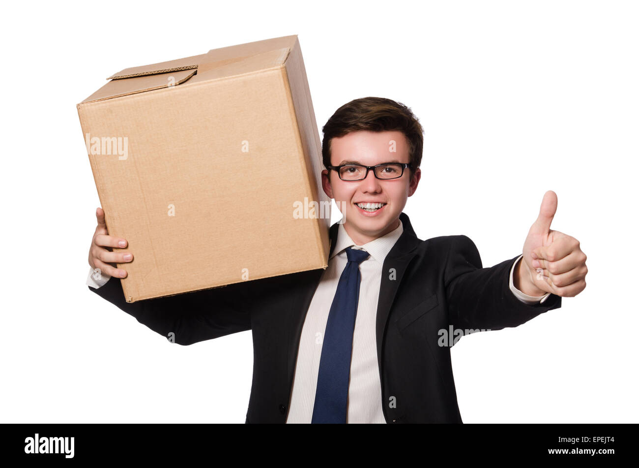 Funny man with boxes isolated on white Stock Photo - Alamy