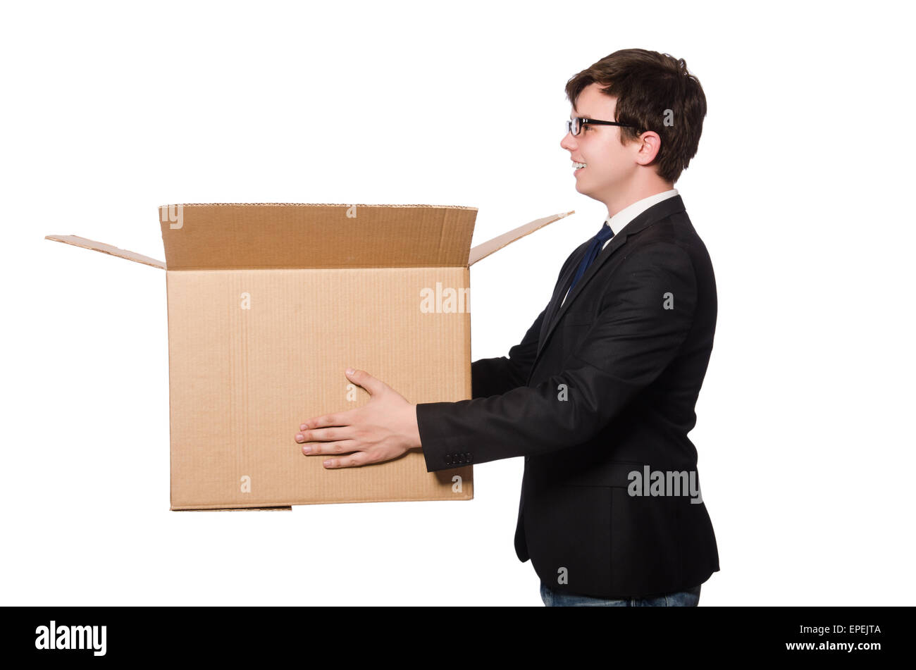 Funny man with boxes isolated on white Stock Photo - Alamy