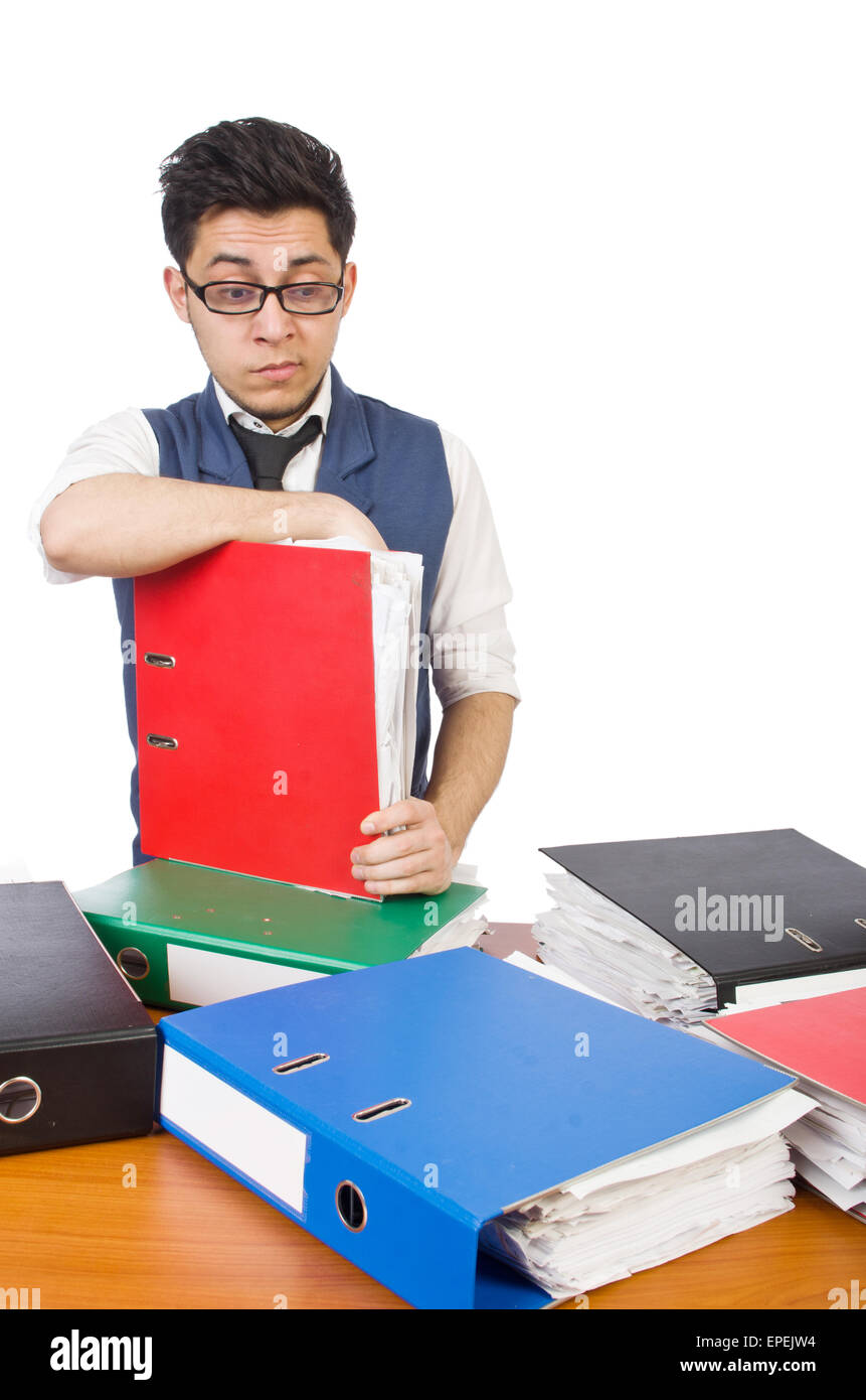 Funny man with lots of folders on white Stock Photo - Alamy