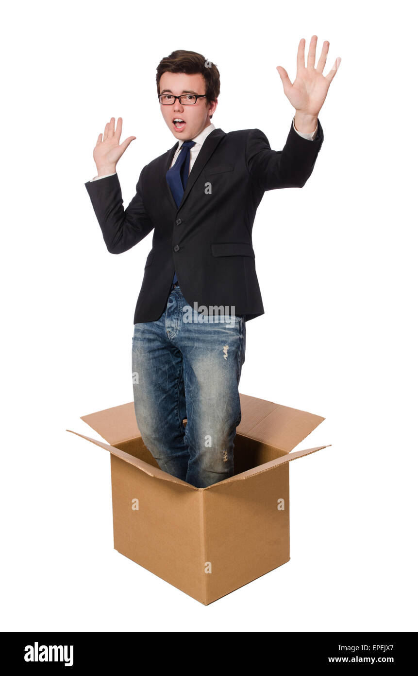 Funny man with boxes isolated on white Stock Photo - Alamy