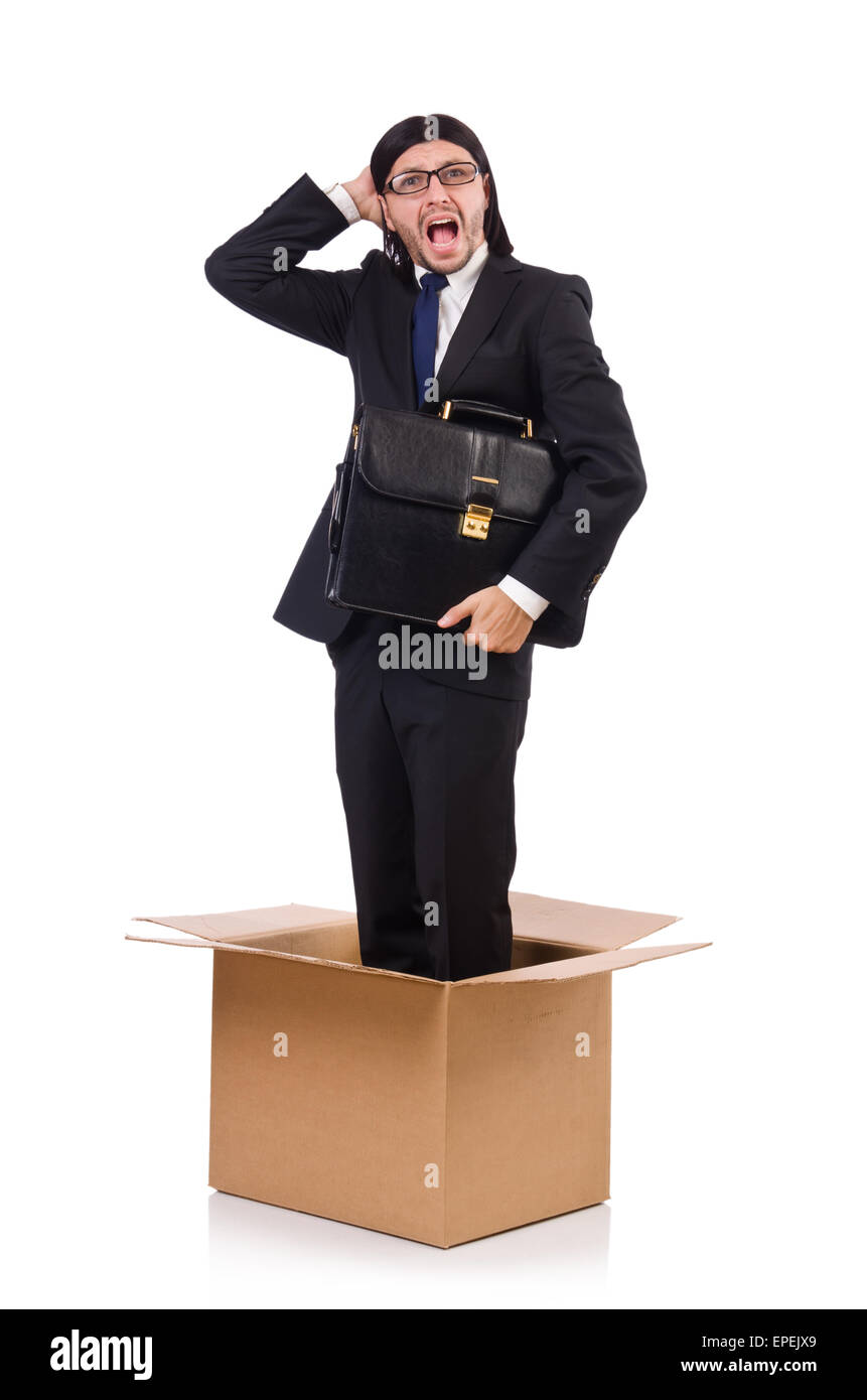 Man in thinking out of the box concept Stock Photo - Alamy