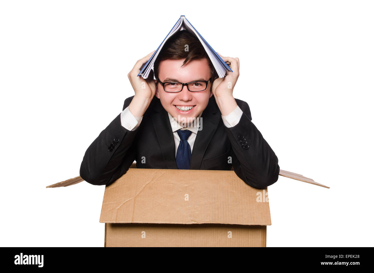 Funny man with boxes isolated on white Stock Photo - Alamy