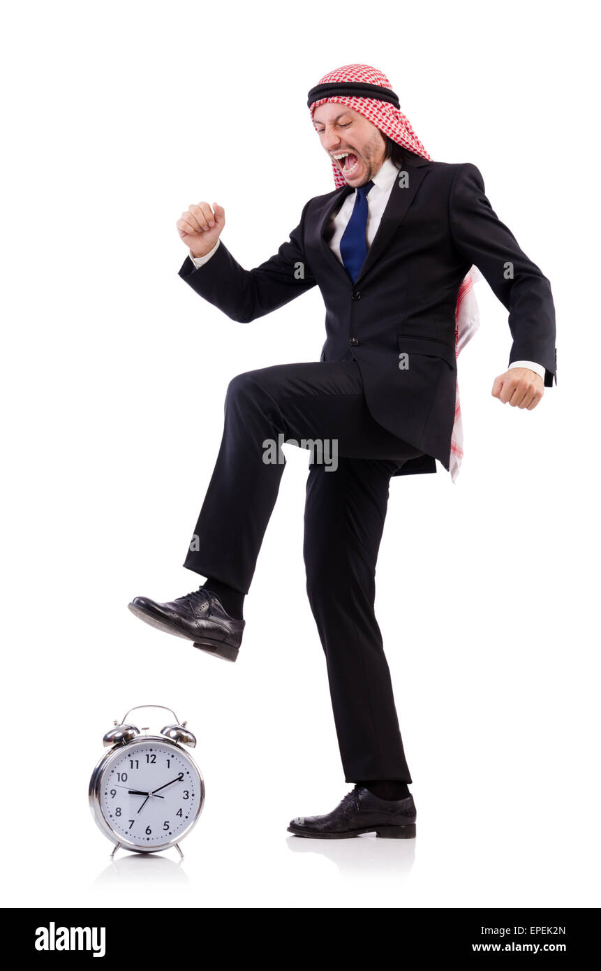 Arab man in time concept on white Stock Photo - Alamy