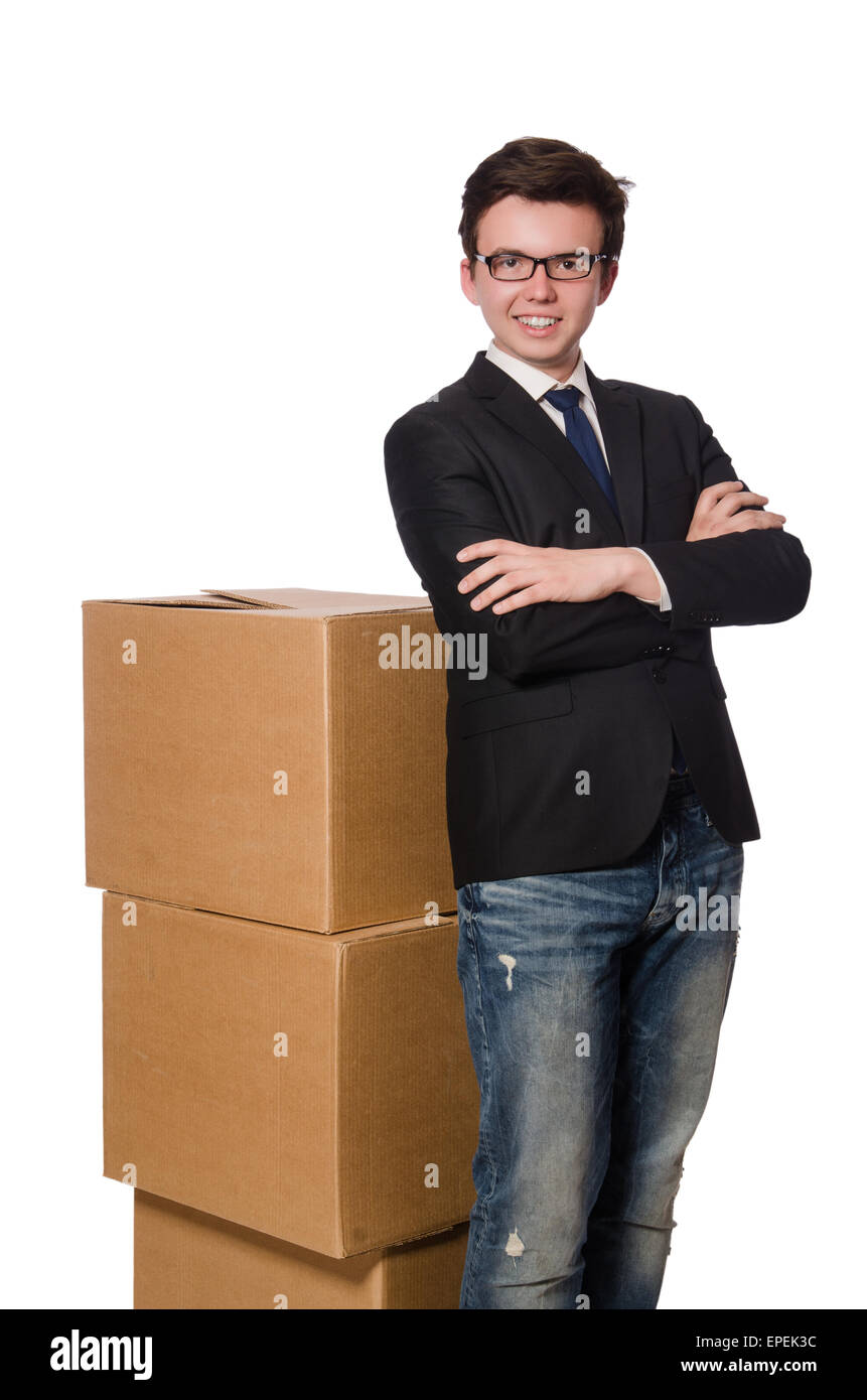 Funny man with boxes isolated on white Stock Photo - Alamy