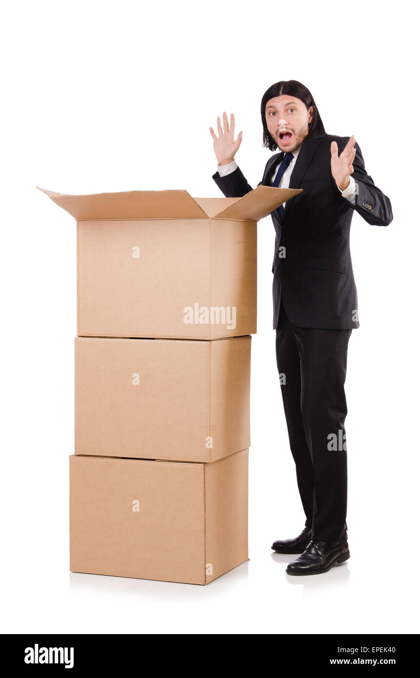 Funny man with boxes on white Stock Photo - Alamy
