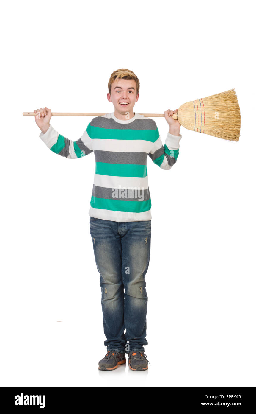 Funny man with mop isolated on white Stock Photo - Alamy