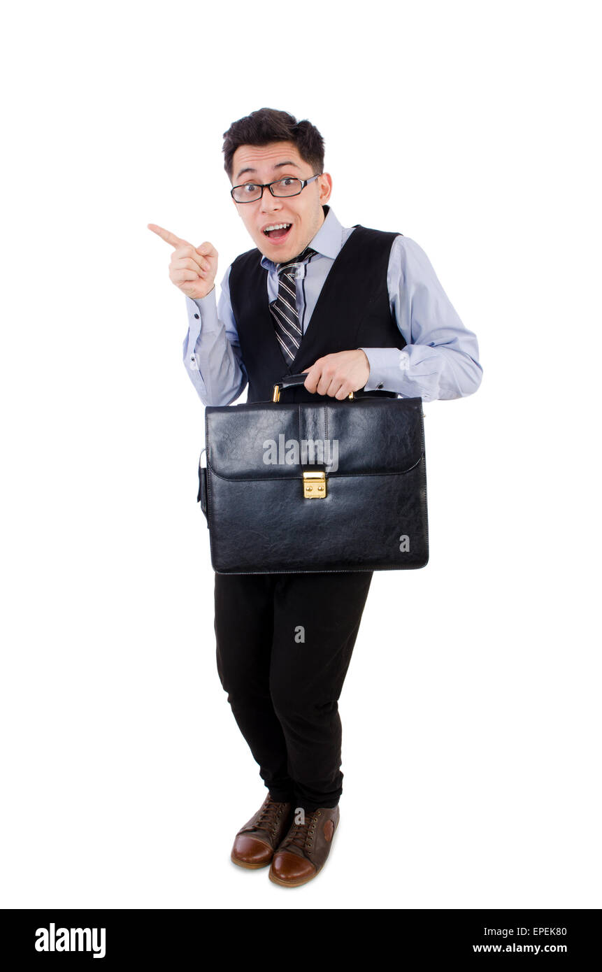 Funny businessman with briefcase isolated on white Stock Photo - Alamy