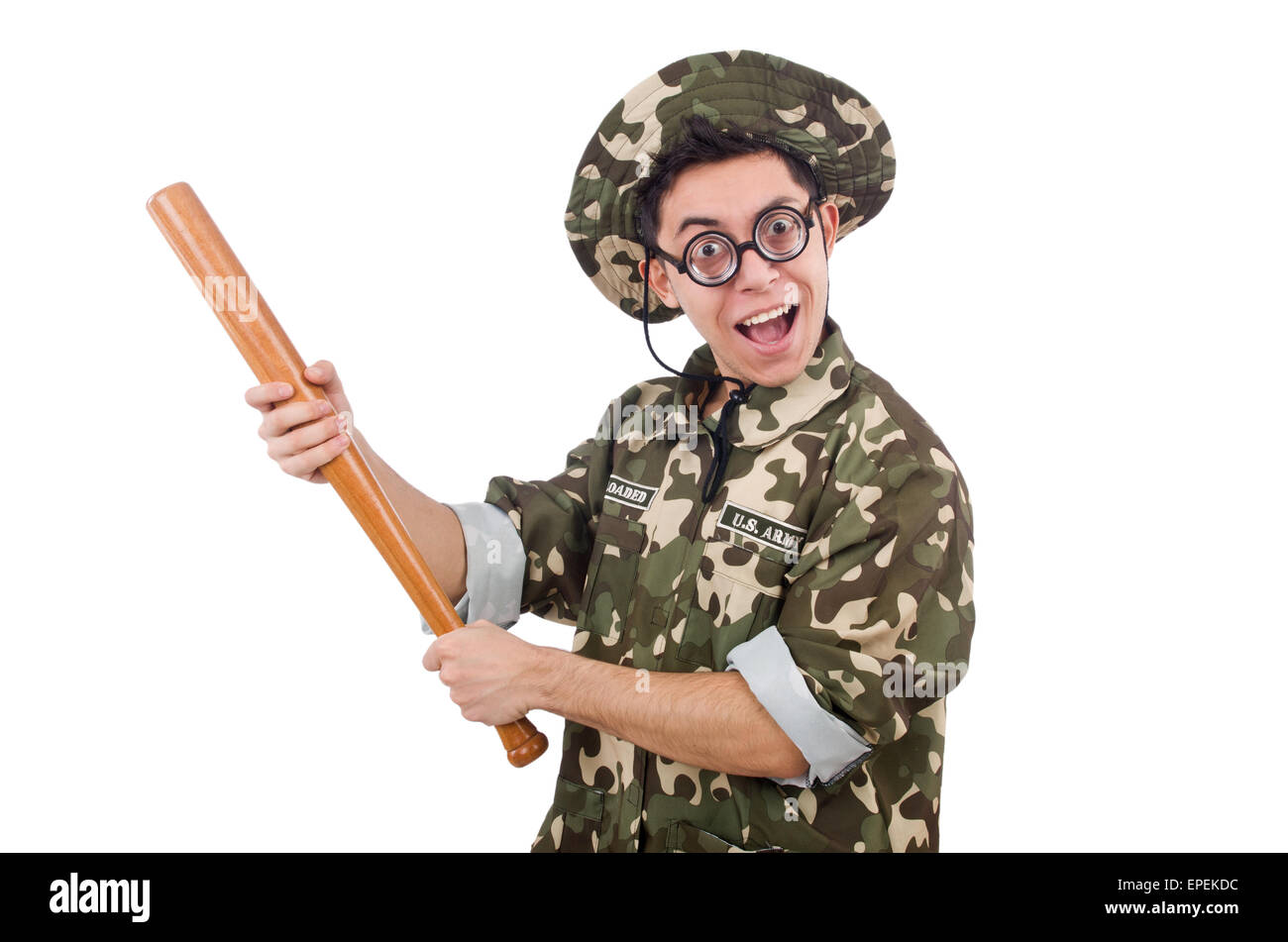 Soldier with baseball bat isolated on white Stock Photo - Alamy