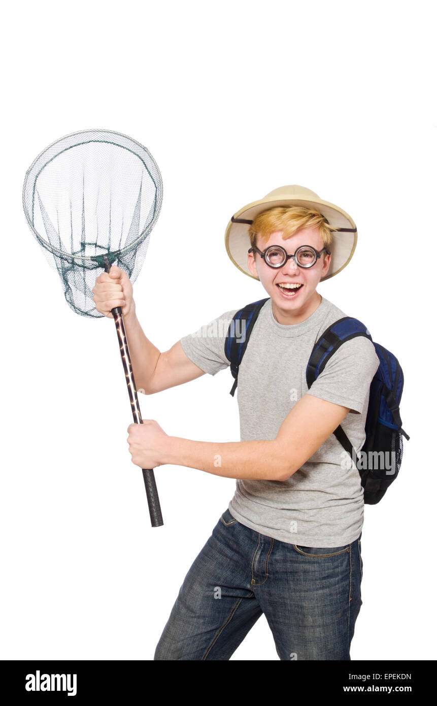 Funny guy with catching net on white Stock Photo - Alamy