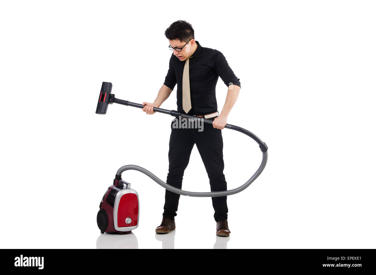 Man with vacuum cleaner isolated on white Stock Photo - Alamy